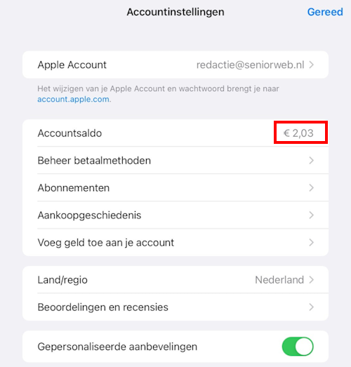 Hoogte App Store-tegoed bekijken | SeniorWeb